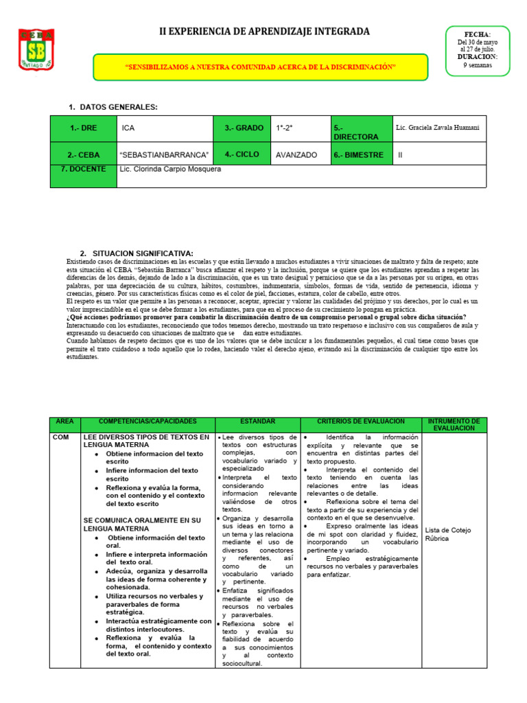 EXPERIENCIA N°2 COMUNICACION - PRIMERO Y SEGUNDO | PDF | Aprendizaje | Evaluación