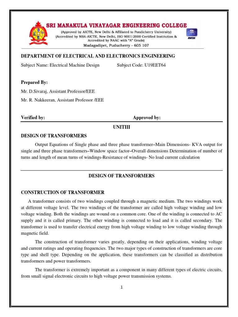 Electrical Machine Design - Unit 3 | Download Free PDF | Transformer ...