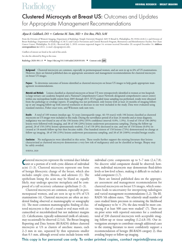 Breast Microcysts: Benign Findings | PDF | Mammography | Cancer