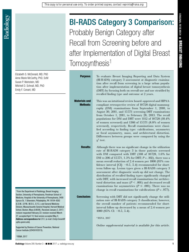 Probably Benign Category After Recall From Screening Before and After ...