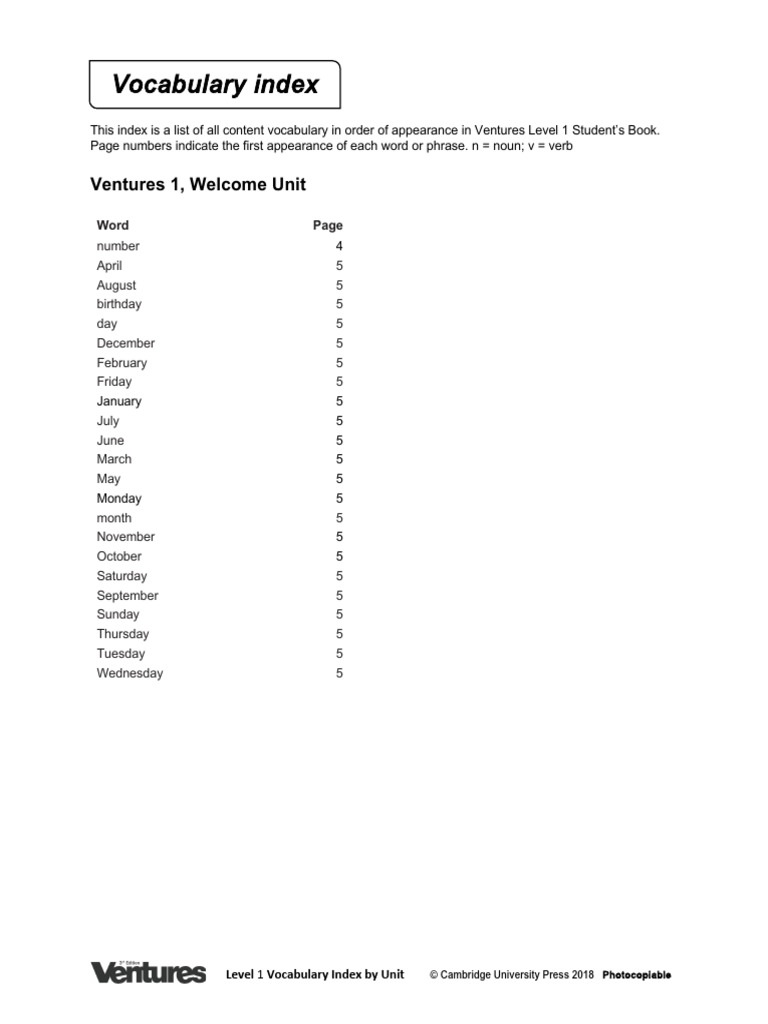 Ventures Level 1 by Unit Vocabulary Index | PDF