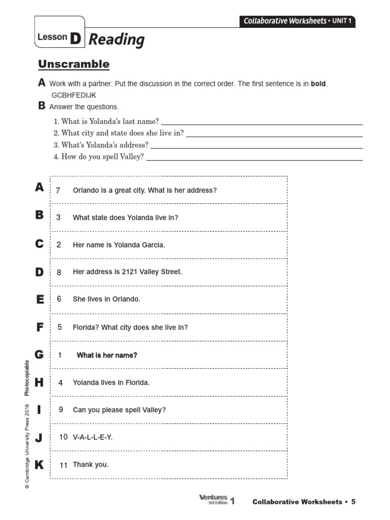 Ventures Level 1 Unit 1 Unscramble KEY | PDF