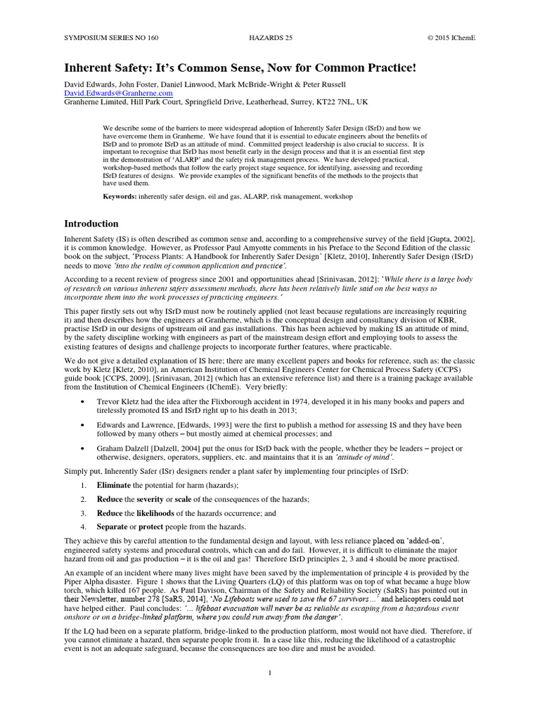 Inherent Safety: It's Common Sense, Now For Common Practice! | PDF ...