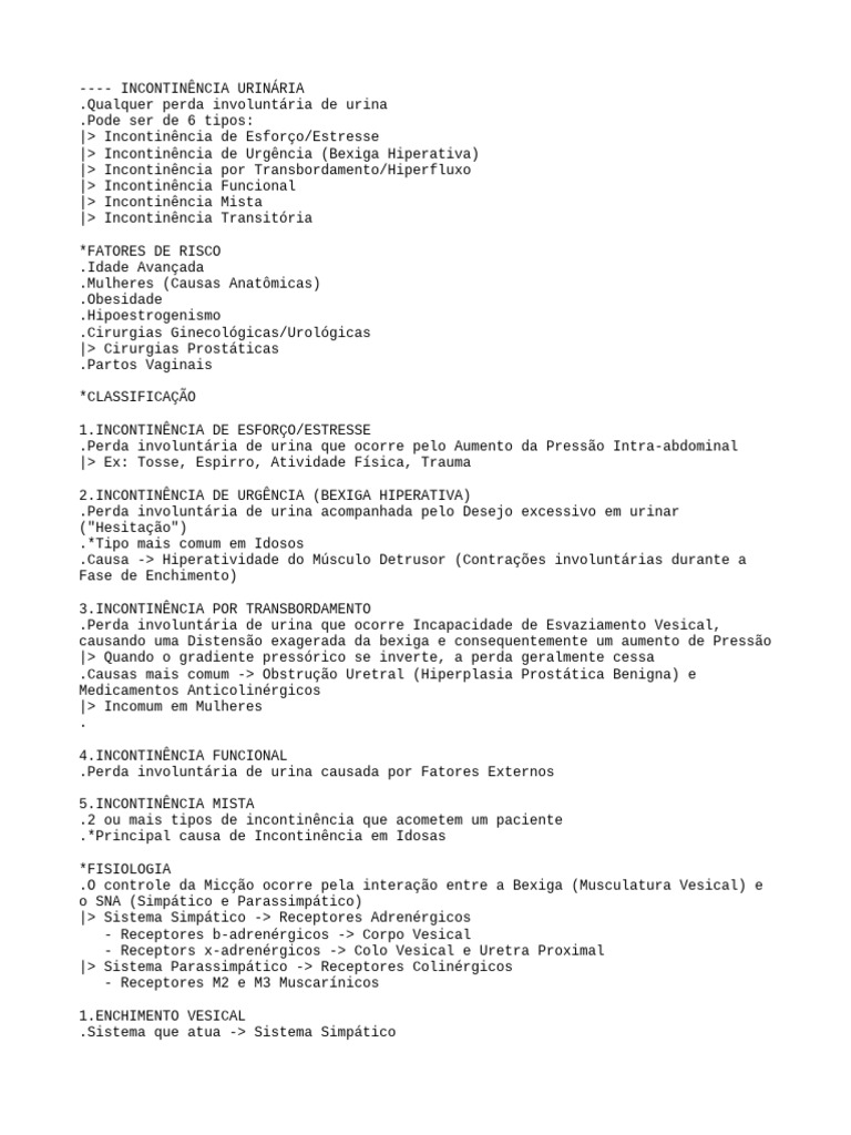 Resumo - Incontinência Urinária | PDF | Micção | Sistema nervoso autónomo