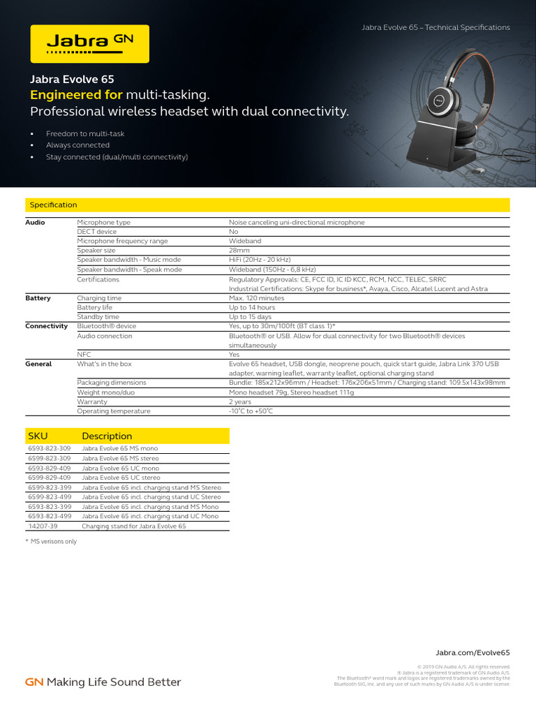 Jabra Evolve 65 Techsheet 0819 Screen | PDF | Bluetooth | Sound Technology
