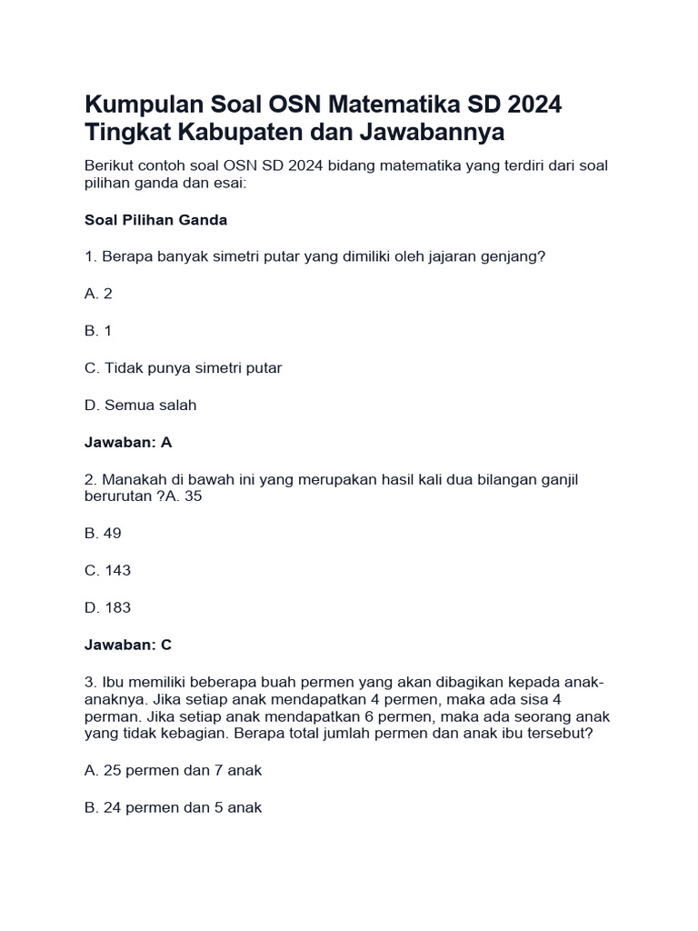 Kumpulan Soal OSN Matematika SD 2024 Tingkat Kabupaten Dan Jawabannya | PDF