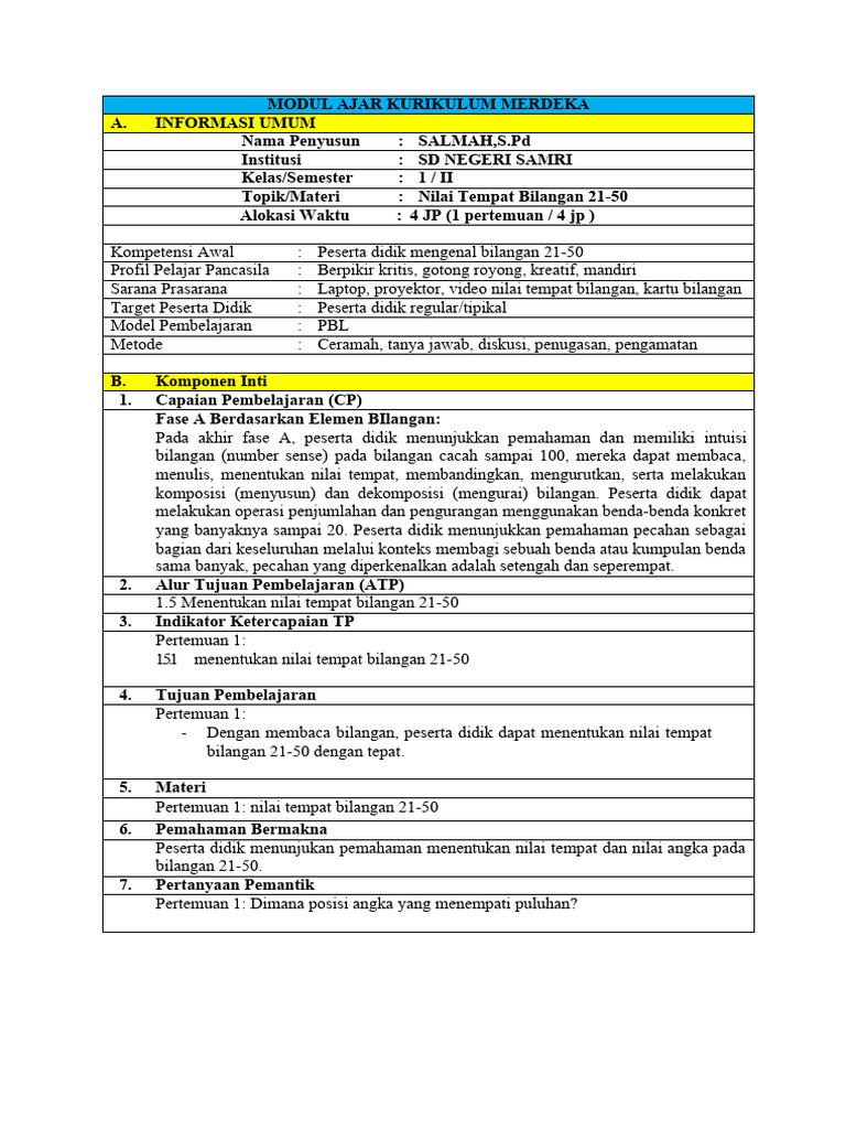 Modul Ajar Matematika - MODUL AJAR NILAI TEMPAT BILANGAN 21-50 - Fase A | PDF