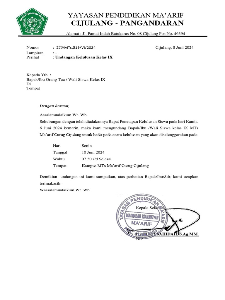 Undangan Rapat Kelulusan Kls 9 | PDF