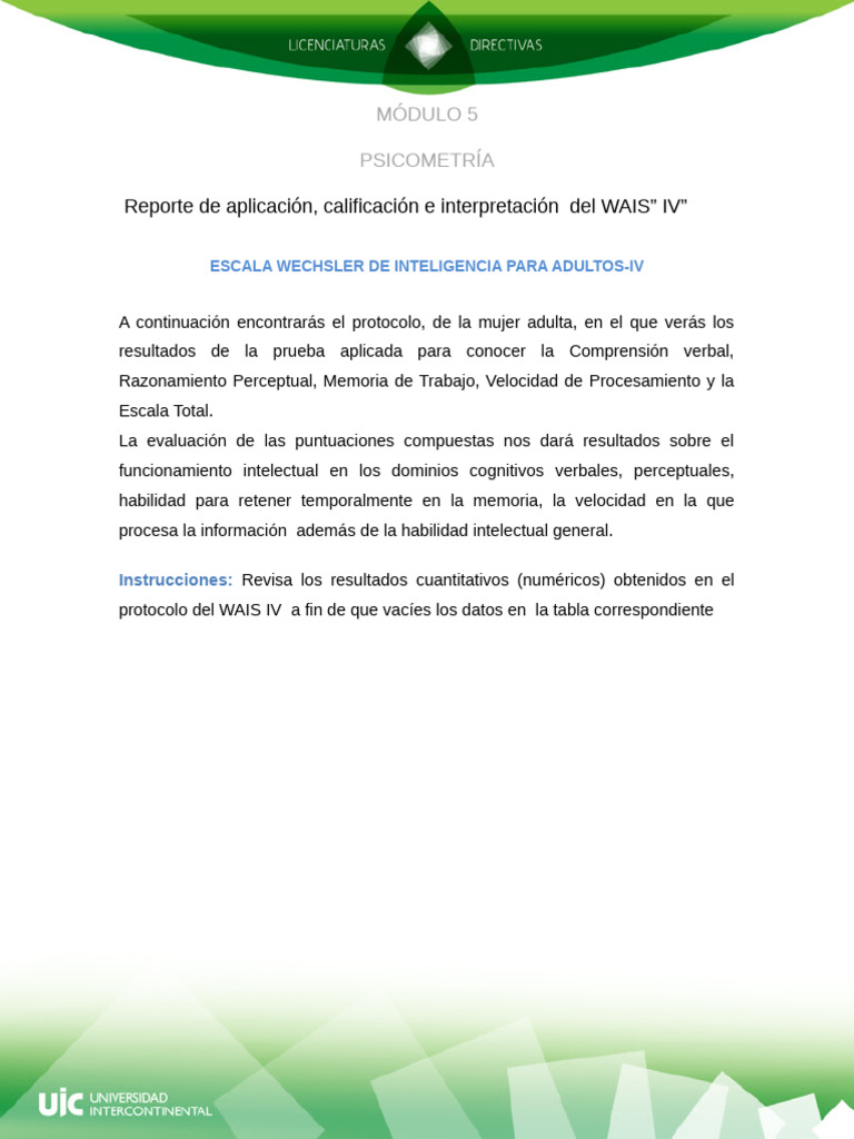 Act 5.2 Lucy Vega Reporte Aplicaci N Calificaci N e Interpretaci N Del WAIS IV | PDF | Escala de ...