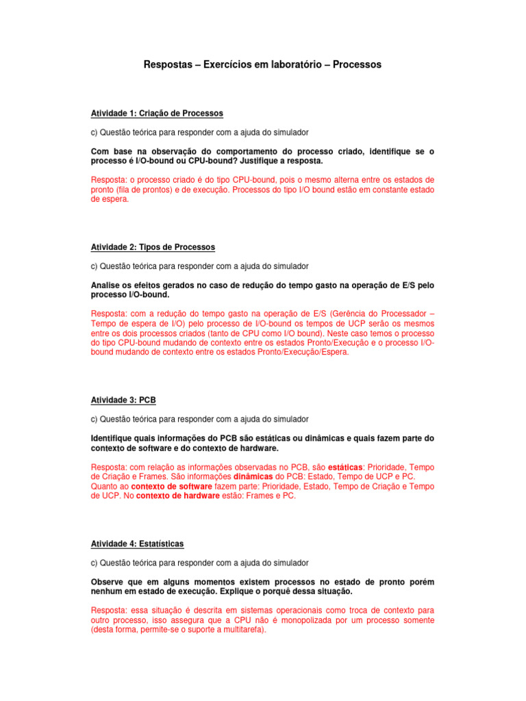 Respostas Processos Simulador SOsim | PDF | Processo (informática ...