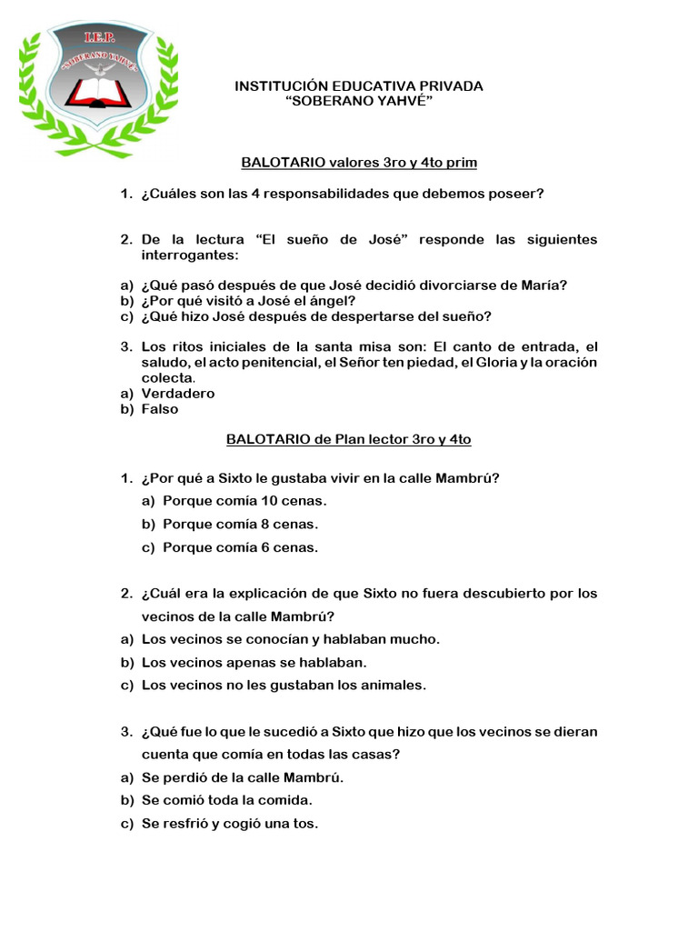 Balotario 3ero y 4to Prim | PDF