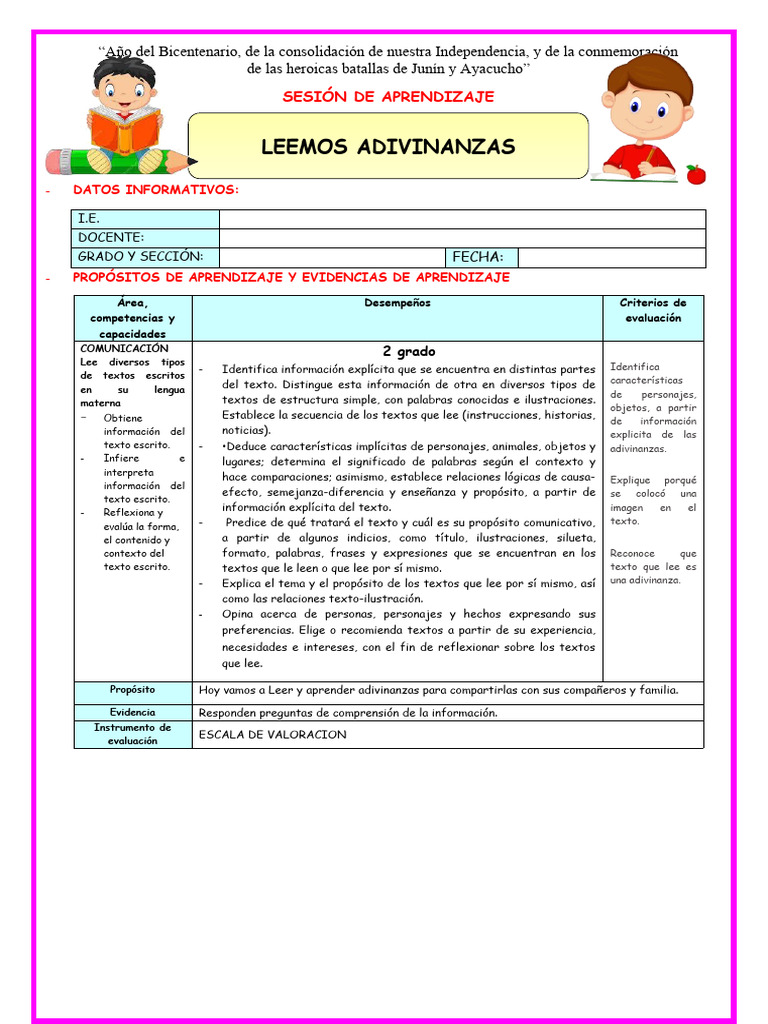 2º U3 S3 Sesion D1 Com Leemos Adivinanzas | PDF | Aprendizaje | Evaluación