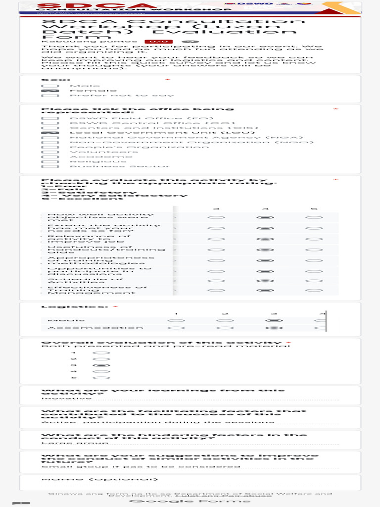 SDCA Consultation Workshop (Luzon Batch) Evaluation Form | PDF