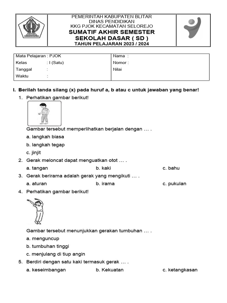 Naskah Soal SAS II - Kelas 1 - PJOK - 2023-2024 | PDF