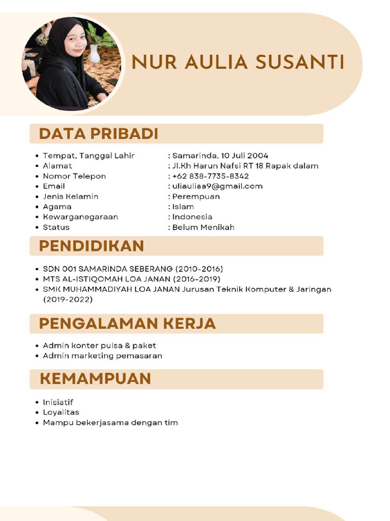 CV Nur Aulia Susanti - 20240525 - 131049 - 0000 | PDF