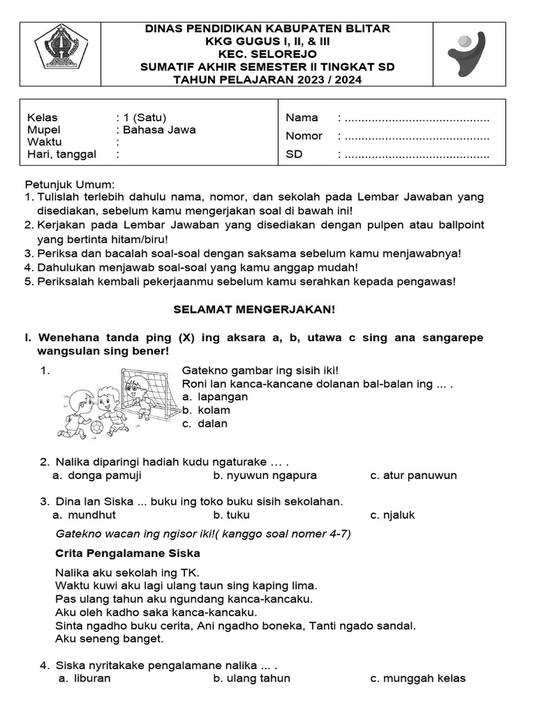 Naskah Soal SAS II - Kelas 1 - Bahasa Jawa - 2023-2024 | PDF