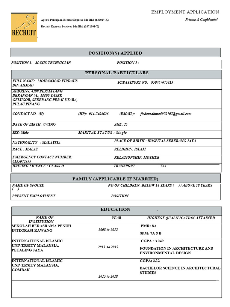 RE-Employment-Application-Form - Mohd Firdaus B. Ahmad | PDF | Salary | Bankruptcy