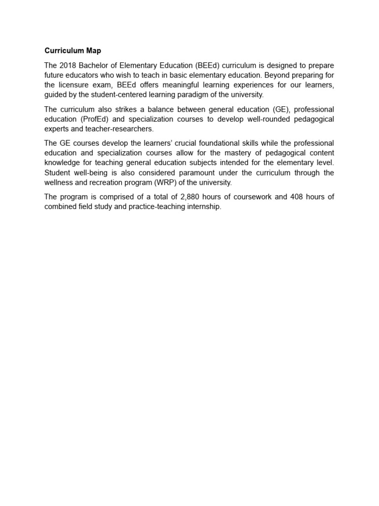 2018 BEEd Curriculum Overview | PDF | Curriculum | Teachers