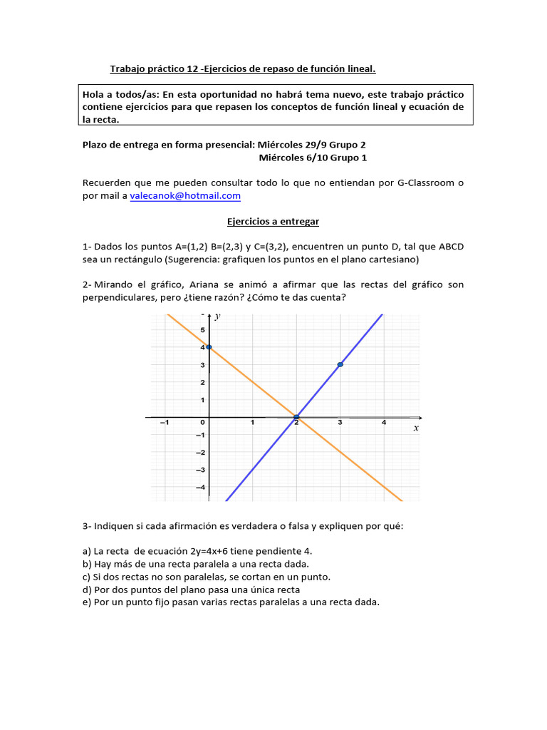 Trabajo Práctico 12 - Ejercicios de Repaso de Función Lineal | PDF