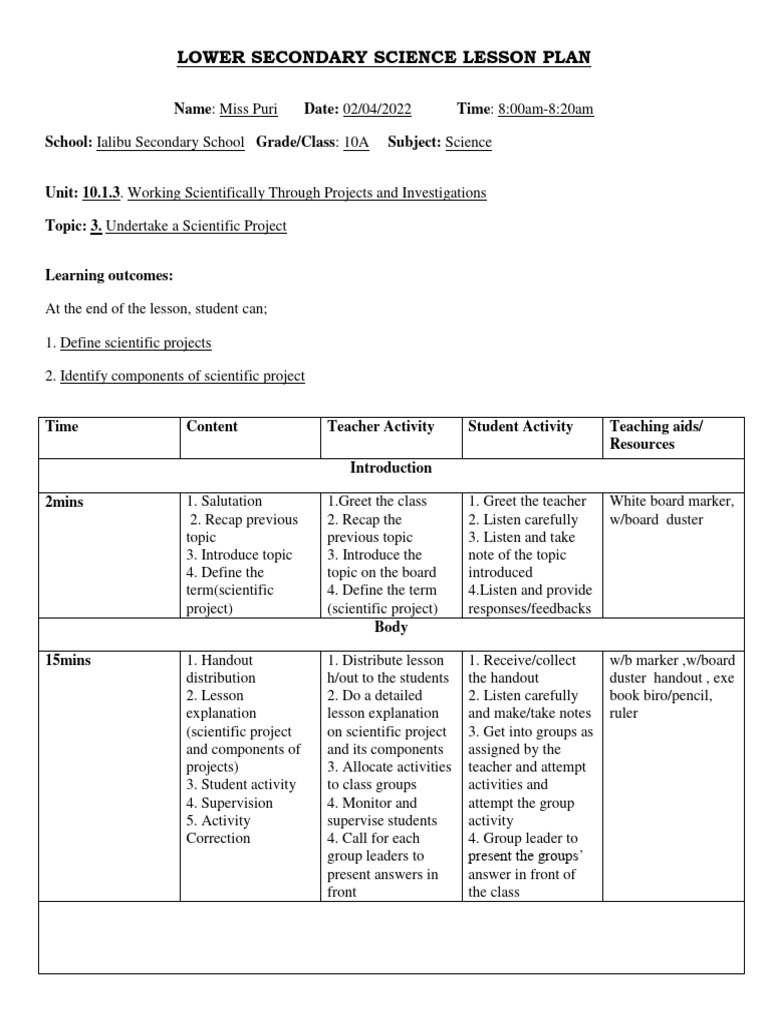 Lower Secondary Science Lesson | PDF | Science | Experiment