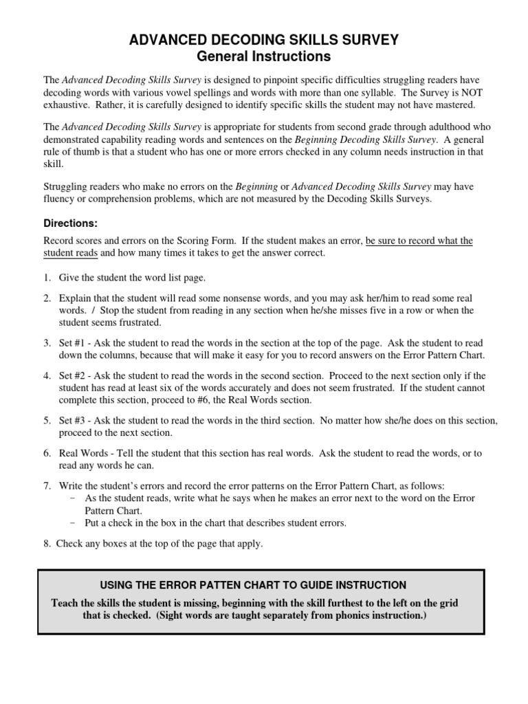 Advanced Decoding Skills Survey | PDF | Phonics | Applied Linguistics