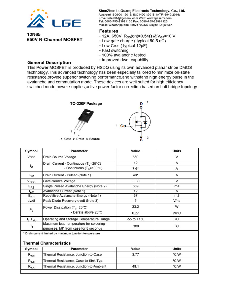 Features 12N65 650V N-Channel MOSFET: TO-220F Package | PDF ...