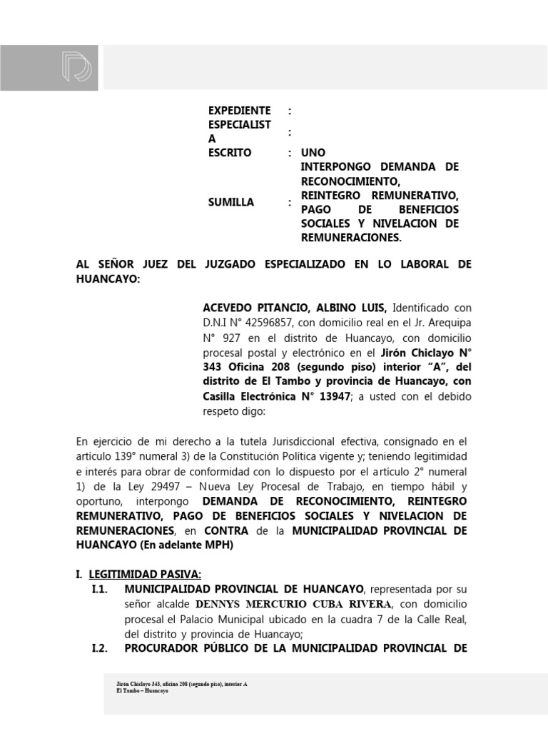 Demanda de Beneficios Sociales ACEVEDO ALBINO ........... | PDF | Derecho laboral | Sindicato