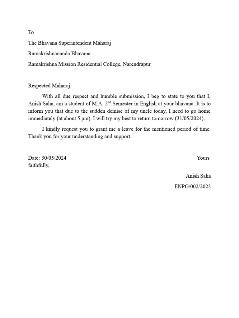 Application For Leave Due To The Sudden Demise of My Uncle Anish Saha | PDF