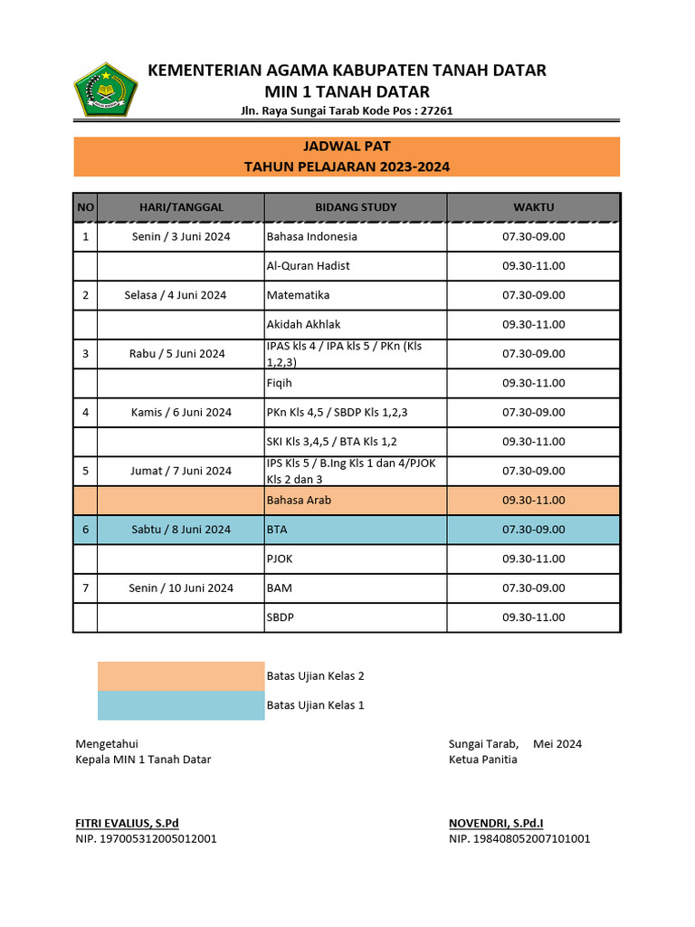 Jadwal Ujian Pat Tp. 2023-2024 | PDF