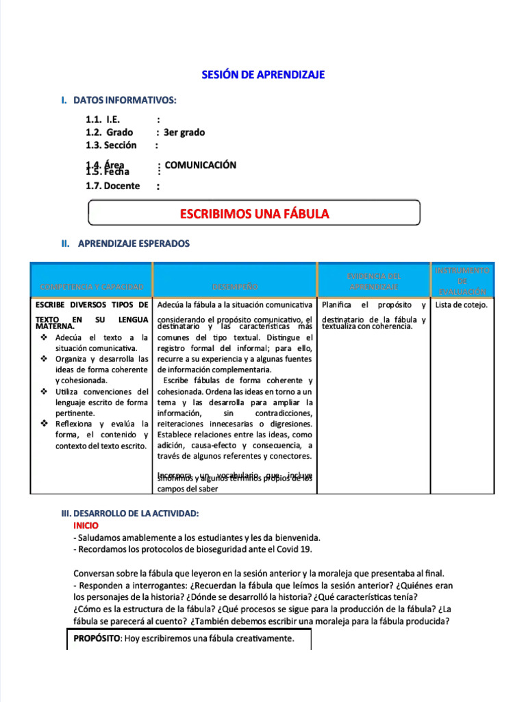 Sesion de Aprendizaje Escribimos Una Fabul | PDF | Fábula