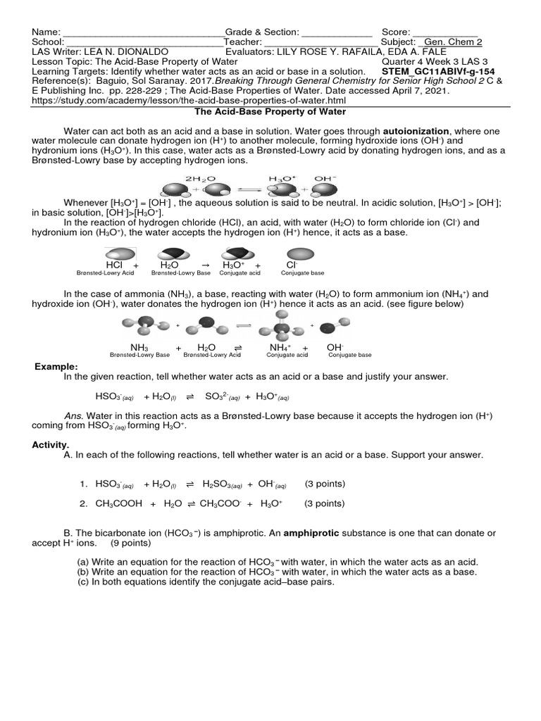 Q4 Week 3 LAS 3 The Acid Base Property of Water | PDF | Acid ...