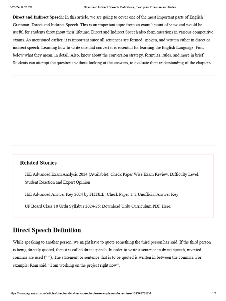 Direct and Indirect Speech - Definitions, Examples, Exercise and Rules ... Direct and Indirect Speech - Definitions, Examples, Exercise and Rules ...