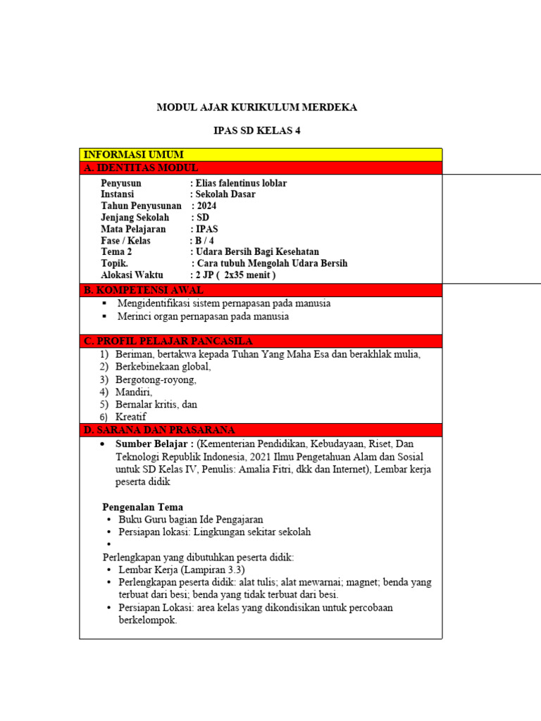 MODUL AJAR KURIKULUM MERDEKA KELAS 4 | PDF