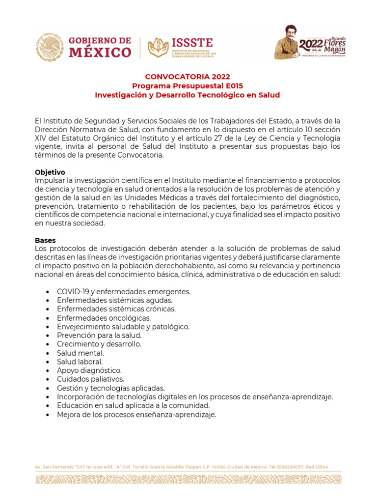 Convocatoria 2022 Programa Presupuestal E015 Investigación y Desarrollo Tecnológico en Salud ...