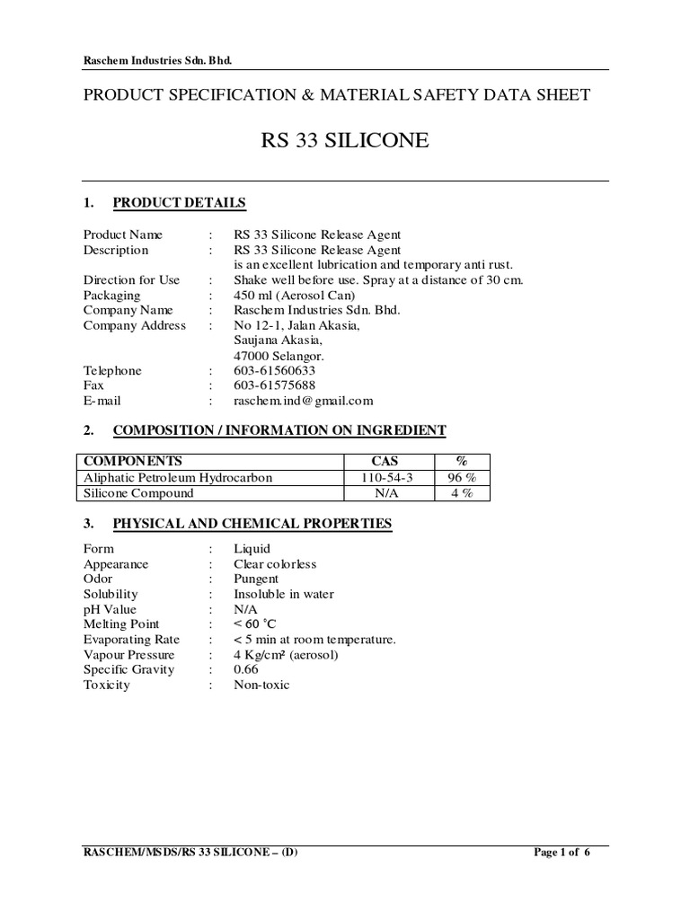 MSDS-RS 33 | PDF | Silicone | Solubility