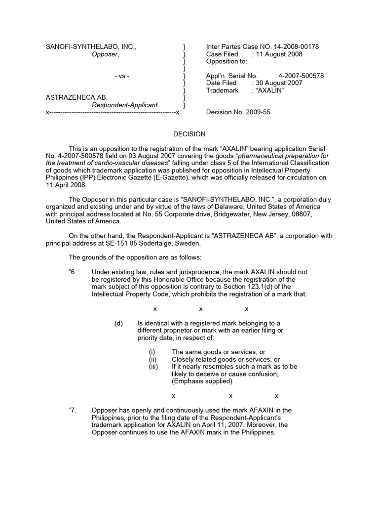 Trademark Opposition: AXALIN vs AFAXIN | PDF | Trademark | Medical ...