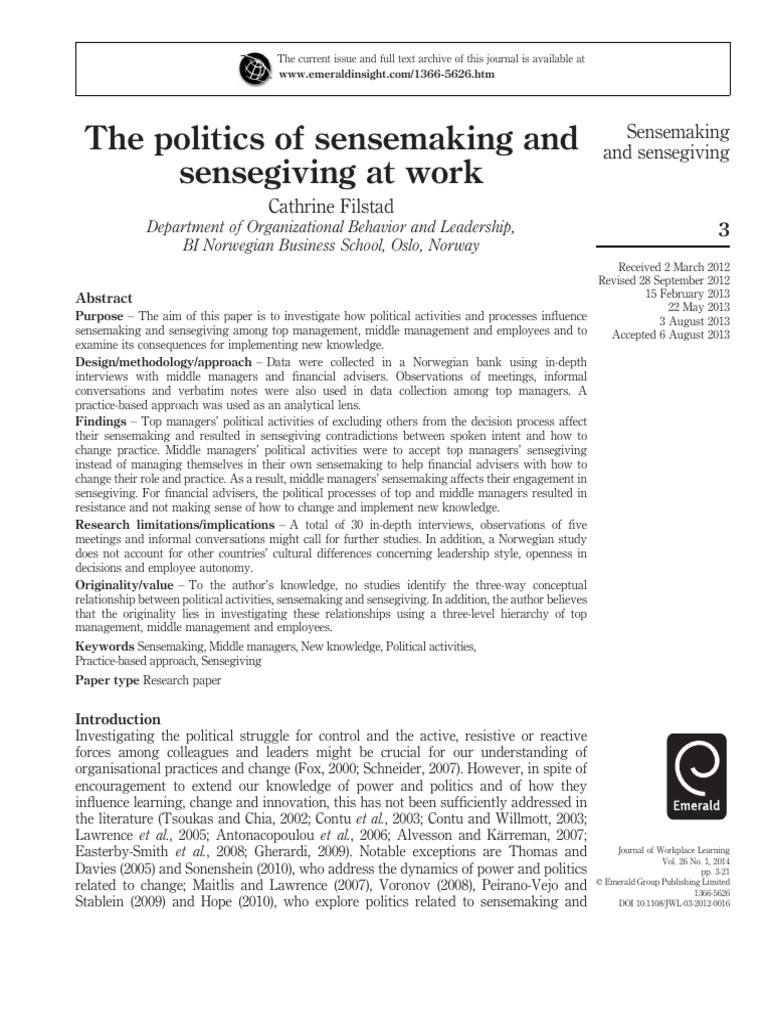 Filstad 2013 - The Politics of Sensemaking and Sensegiving at Work ...