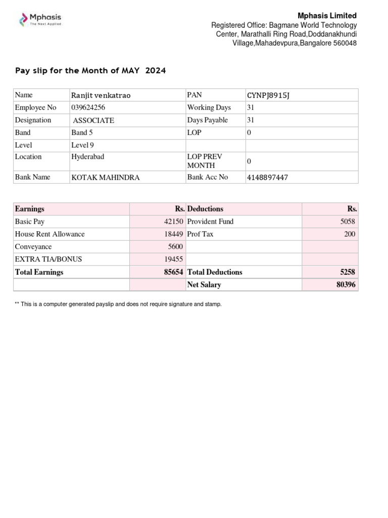 Ranjith May Pay Slip | PDF