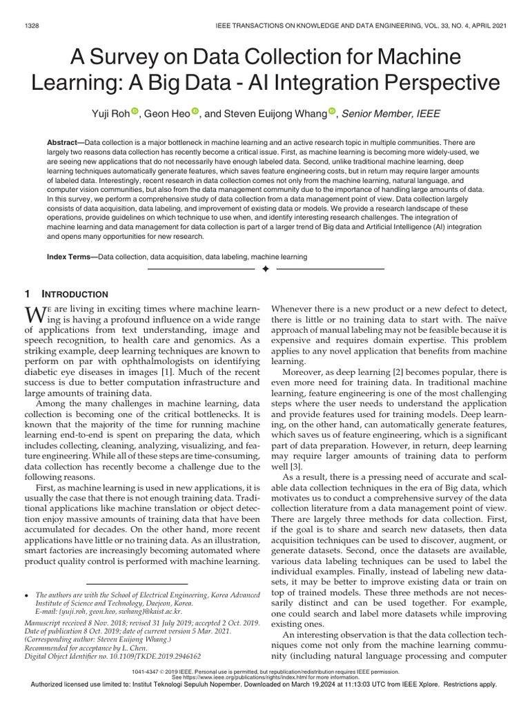 A Survey On Data Collection For Machine Learning A Big Data - AI Integration Perspective | PDF ...