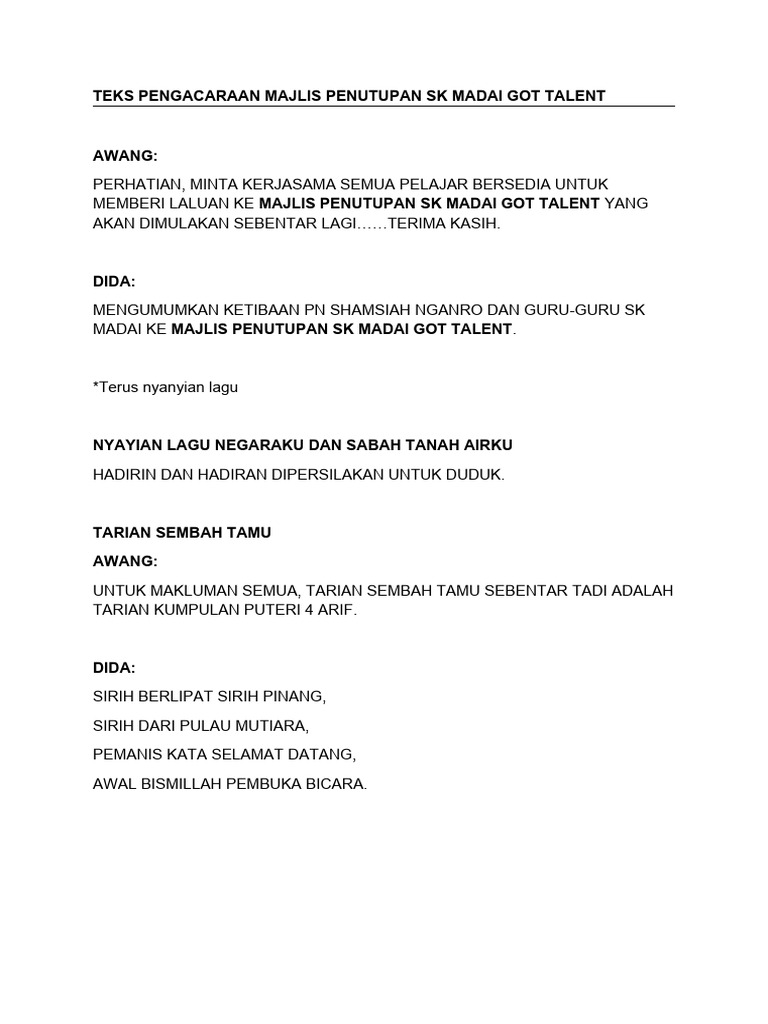 Teks Emcee Majlis Penutupan SK Madai Got Talent | PDF