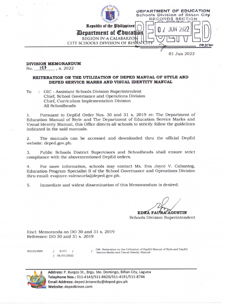 DM No. 187 S. 2022 Reiteration On The Utilization of DepEd Manual of ...