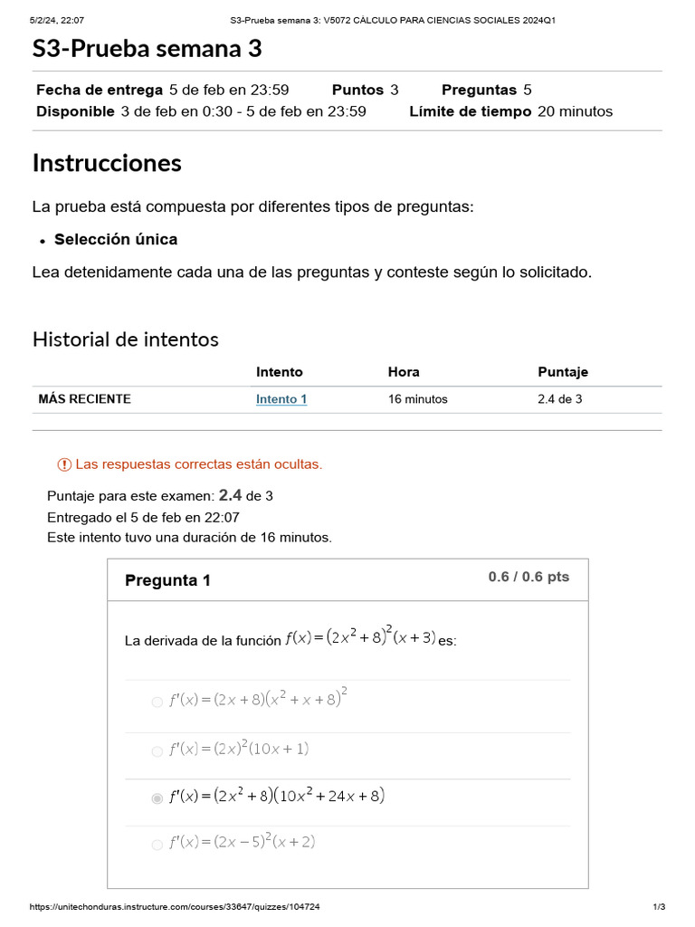 S3-Prueba Semana 3 - V5072 CÁLCULO PARA CIENCIAS SOCIALES 2024Q1 | PDF