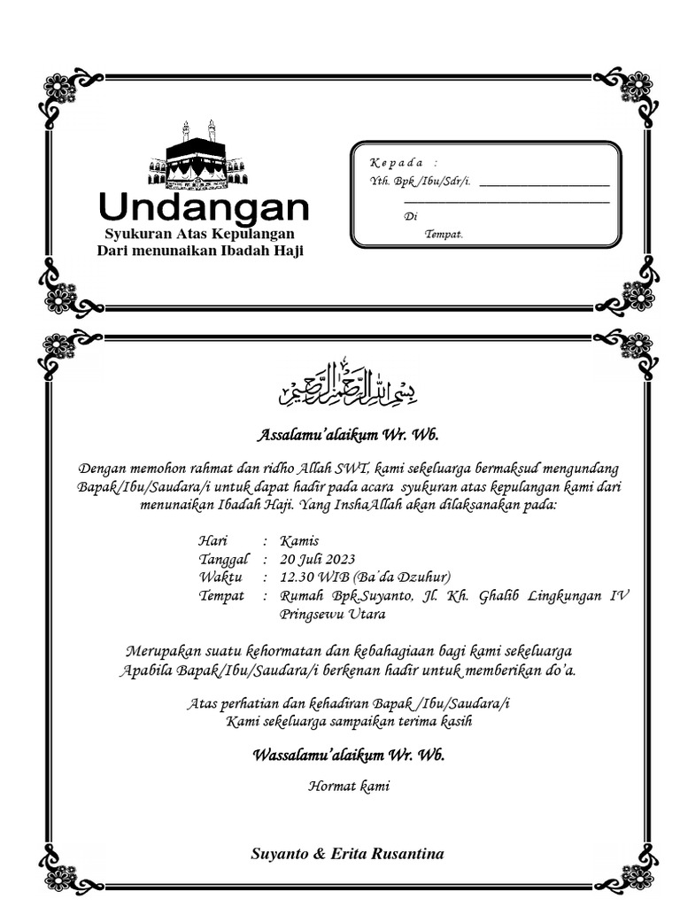 Undangan Syukuran Haji | PDF | Memasak, Makanan, & Anggur