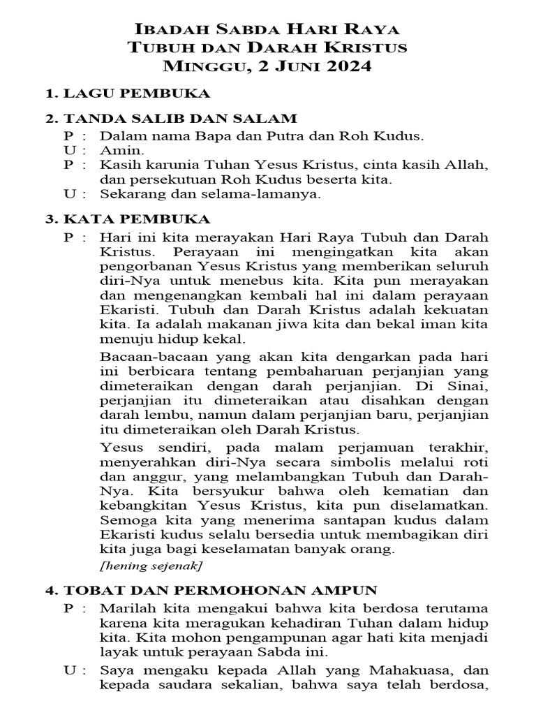 Ibadat Sabda Minggu Tubuh Dan Darah Tuhan 2024 | PDF