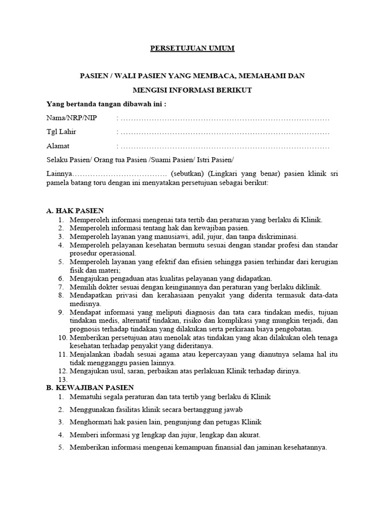 Persetujuan Umum Pasien Klinik Sri Pamela | PDF