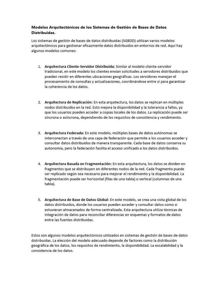 Modelos Arquitectónicos de Los Sistemas de Gestión de Bases de Datos Distribuidas | PDF | Bases ...