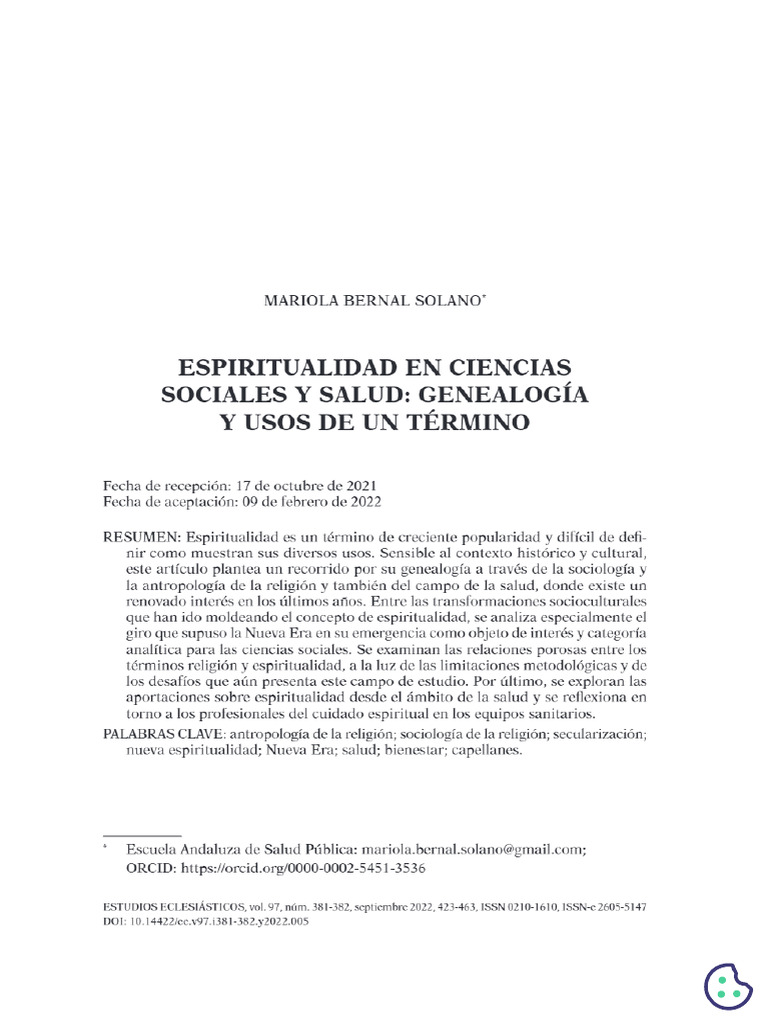 ESPIRITUALIDAD EN CIENCIAS SOCIALES Y SALUD_ GENEALOGÍA Y USOS DE UN TÉRMINO - EBSCO | PDF