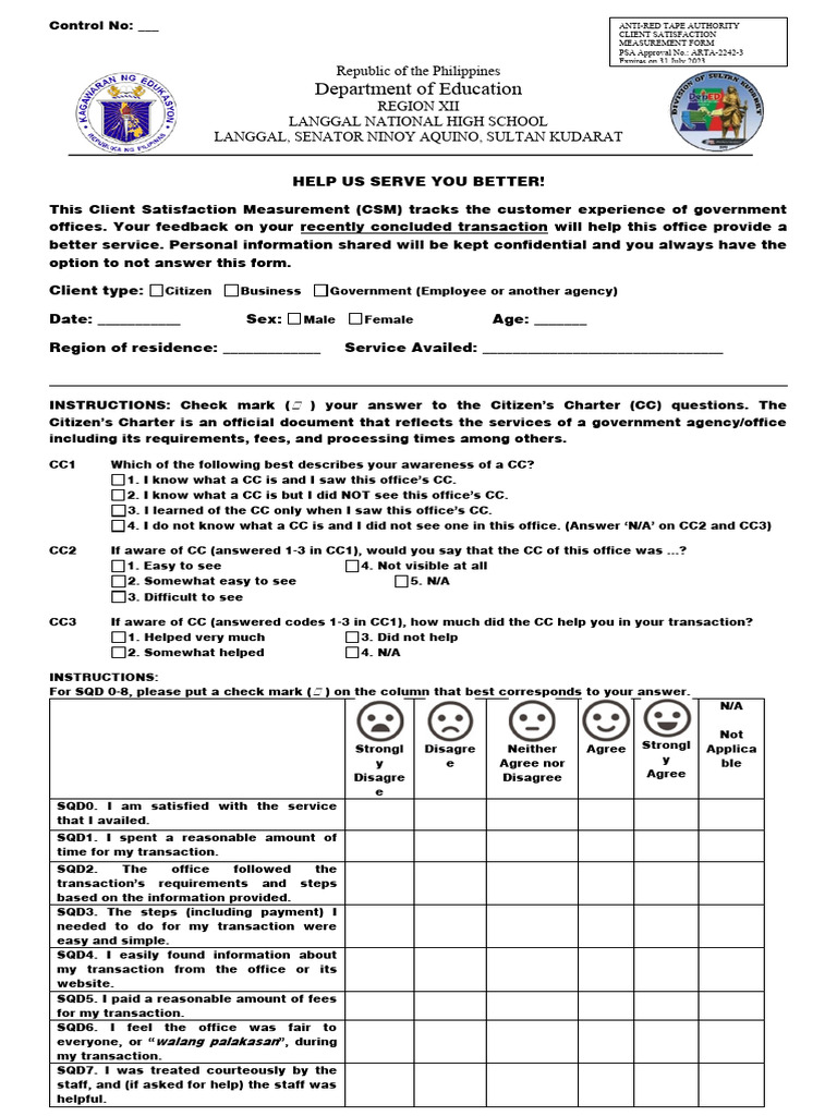 ARTA Client Satisfaction Survey Form | PDF