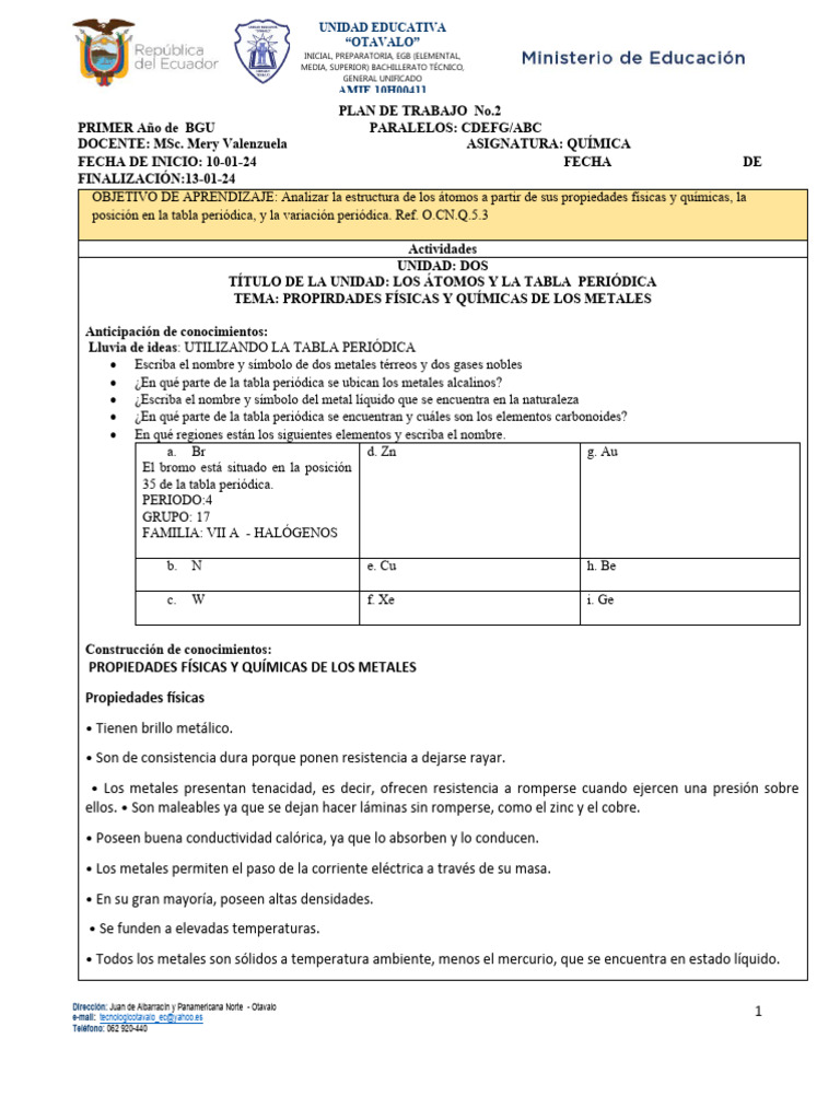 QUIM Plan de Cont 1 BGU BT | PDF | Rieles | Tabla periódica