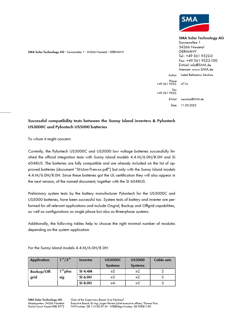 AppNote Pylontech SMA Letter Compatibility US3000C US5000 With SI6048US ...
